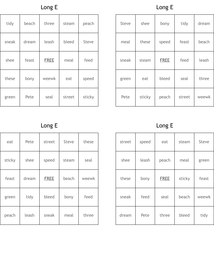 Long E Bingo Cards - WordMint