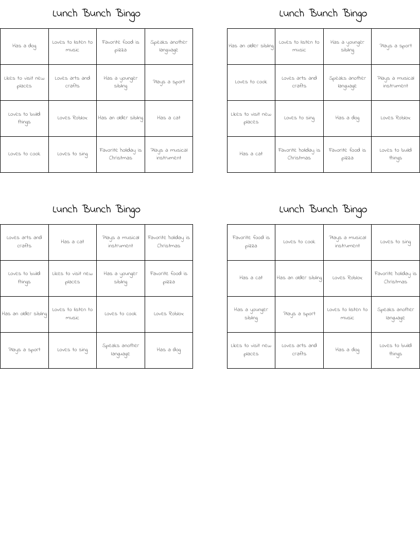 Lunch Bunch Bingo - WordMint