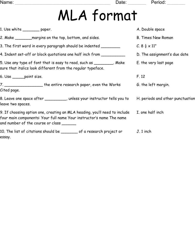 MLA Format Worksheet WordMint