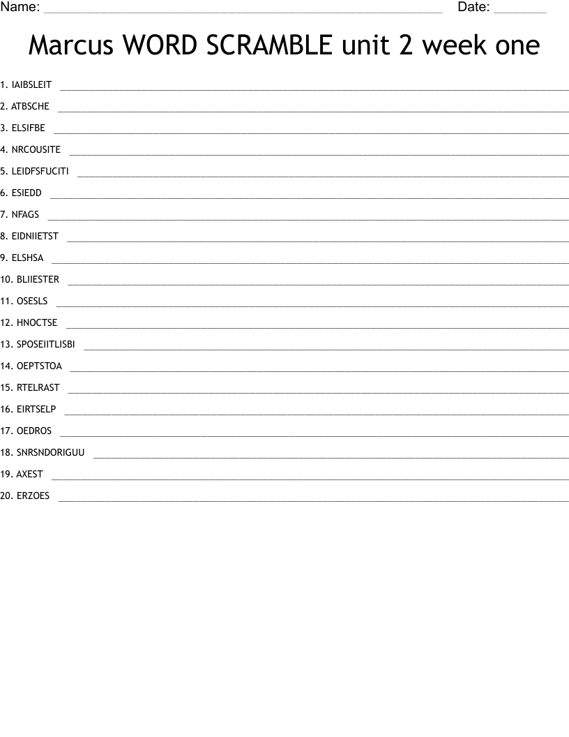 Marcus WORD SCRAMBLE unit 2 week one - WordMint