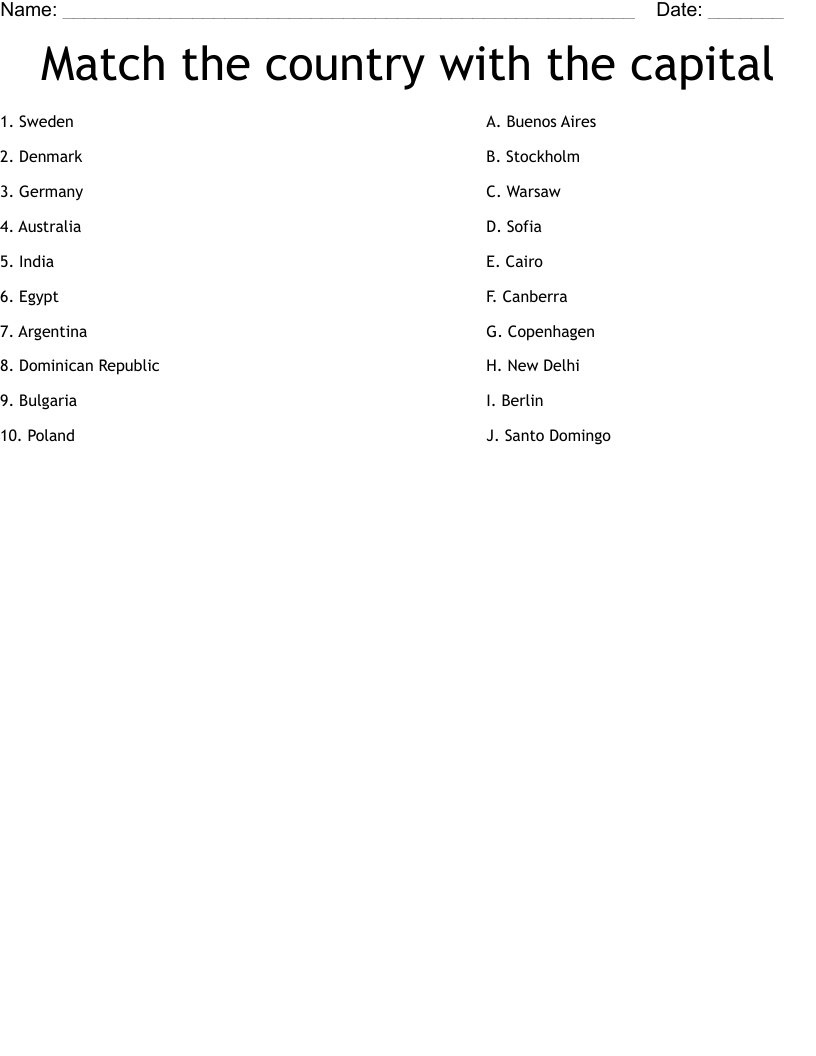 Match the country with the capital Worksheet - WordMint