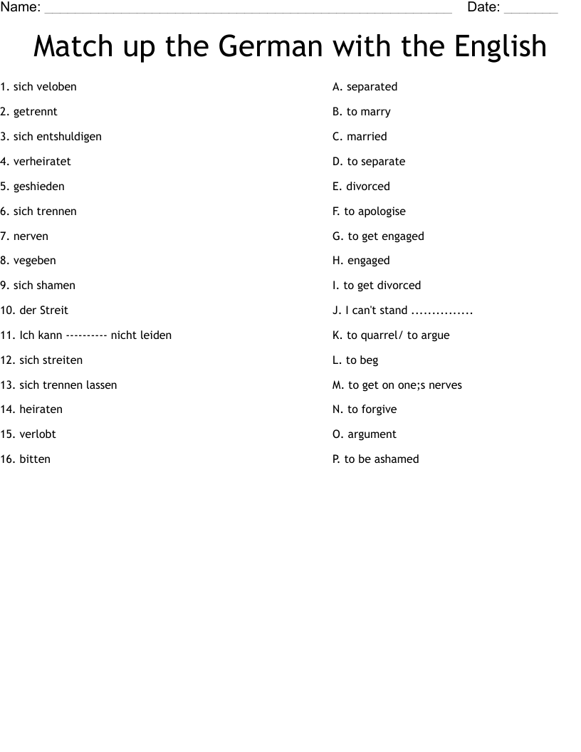 Match up the German with the English Worksheet - WordMint