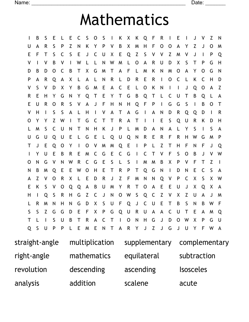 Mathematics Word Search - WordMint