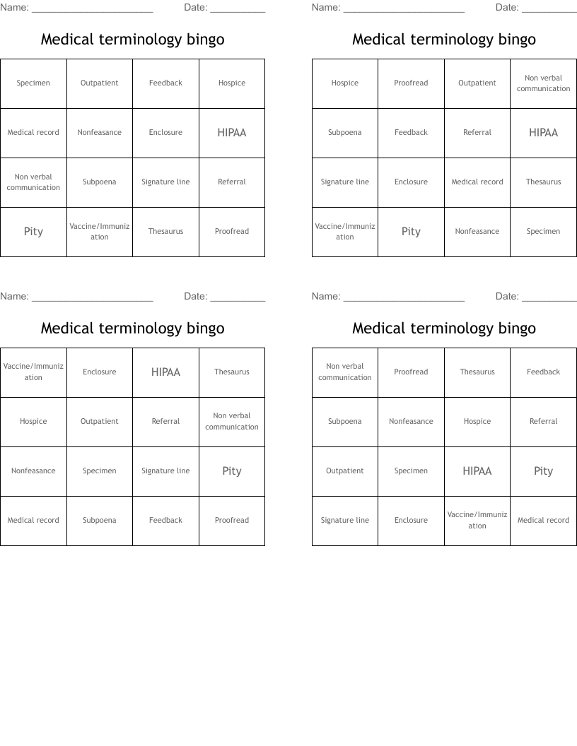 Medical terminology bingo - WordMint