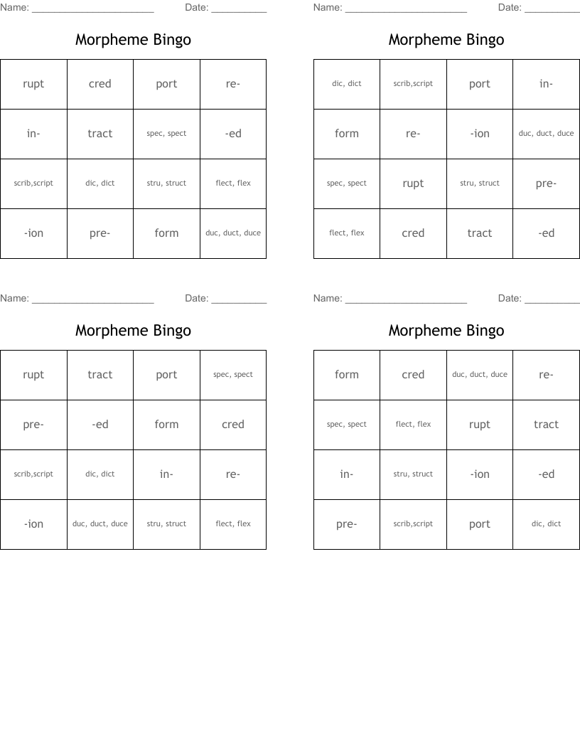 Morpheme Bingo - WordMint