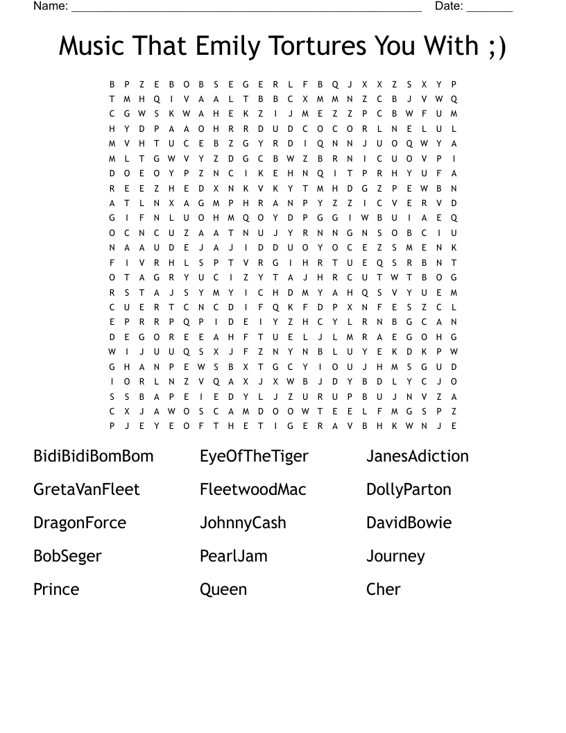 Music That Emily Tortures You With ;) Word Search - WordMint
