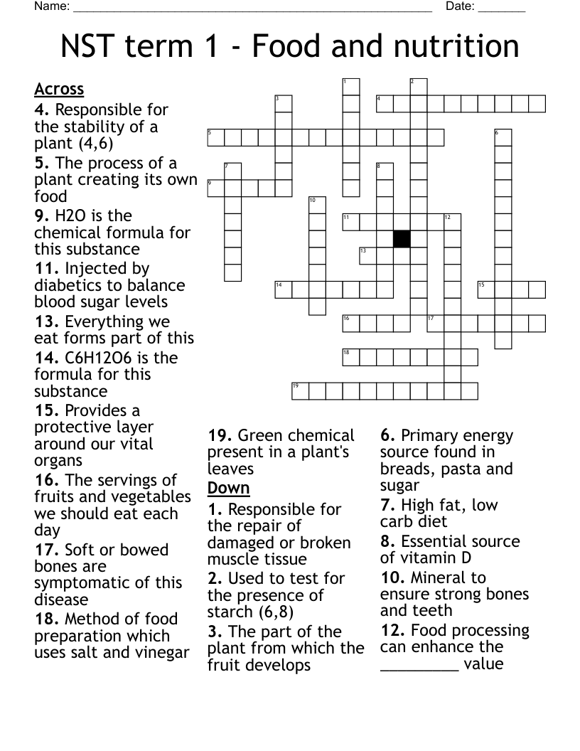 NST term 1 - Food and nutrition Crossword - WordMint