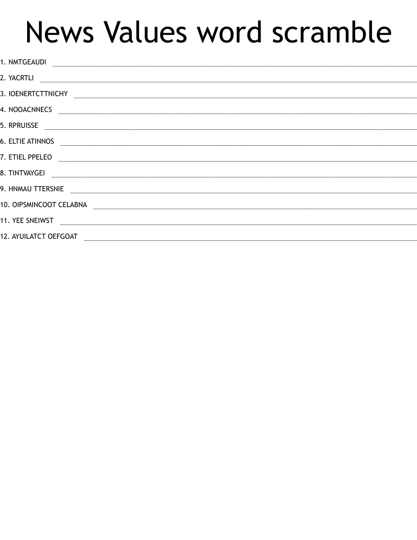 News Values word scramble - WordMint