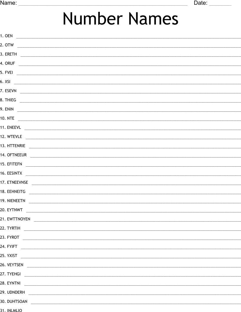 Number Names Word Scramble - WordMint