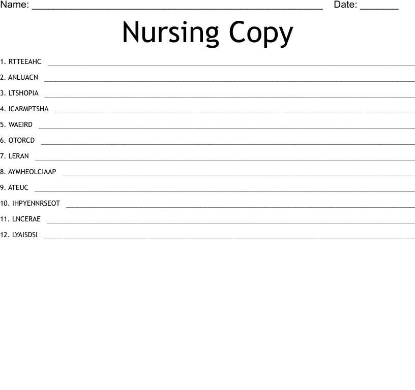 Nursing Copy Word Scramble - WordMint