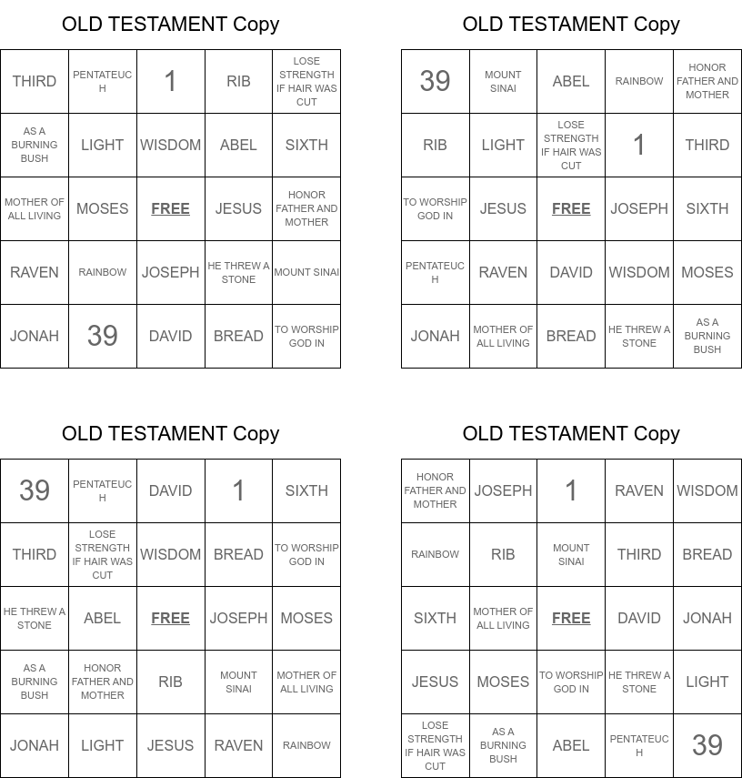 OLD TESTAMENT Bingo Cards - WordMint
