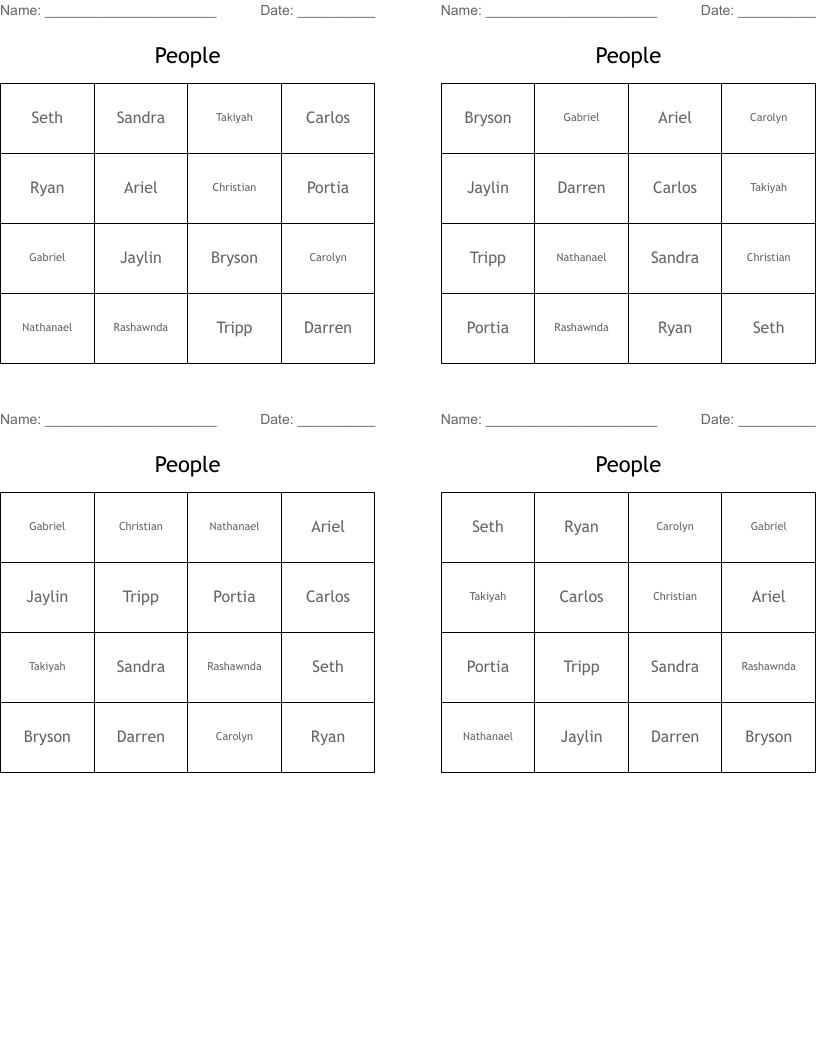 People Bingo Cards - WordMint