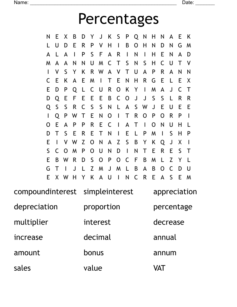 Percentages Word Search - WordMint