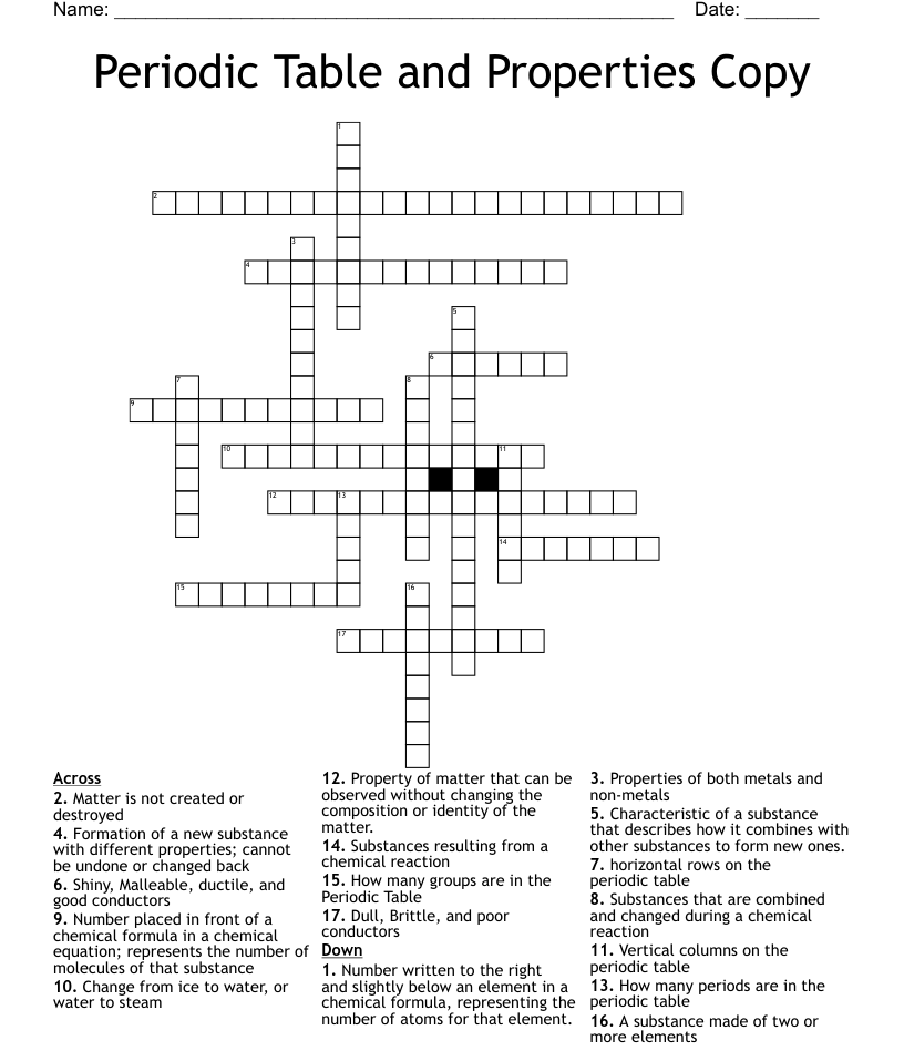 Periodic Table And Properties Copy Crossword WordMint