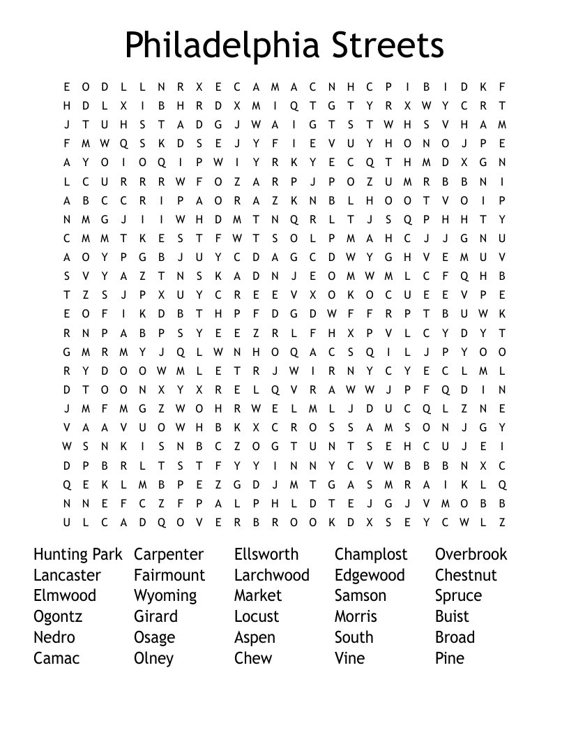Philadelphia Streets Word Search - WordMint