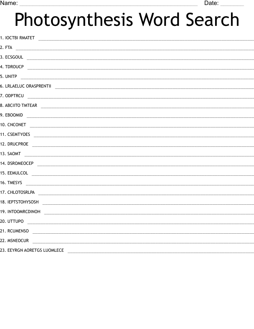 Photosynthesis Word Search Word Scramble - WordMint