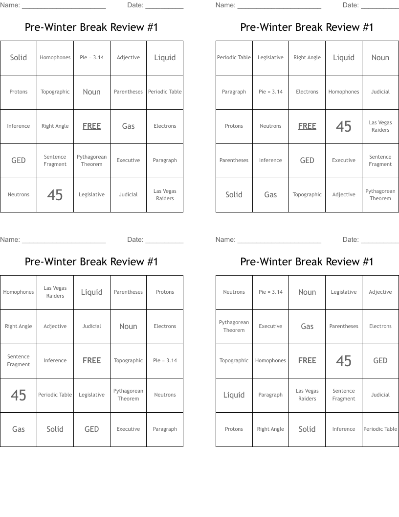 Pre-Winter Break Review #1 Bingo Cards - WordMint