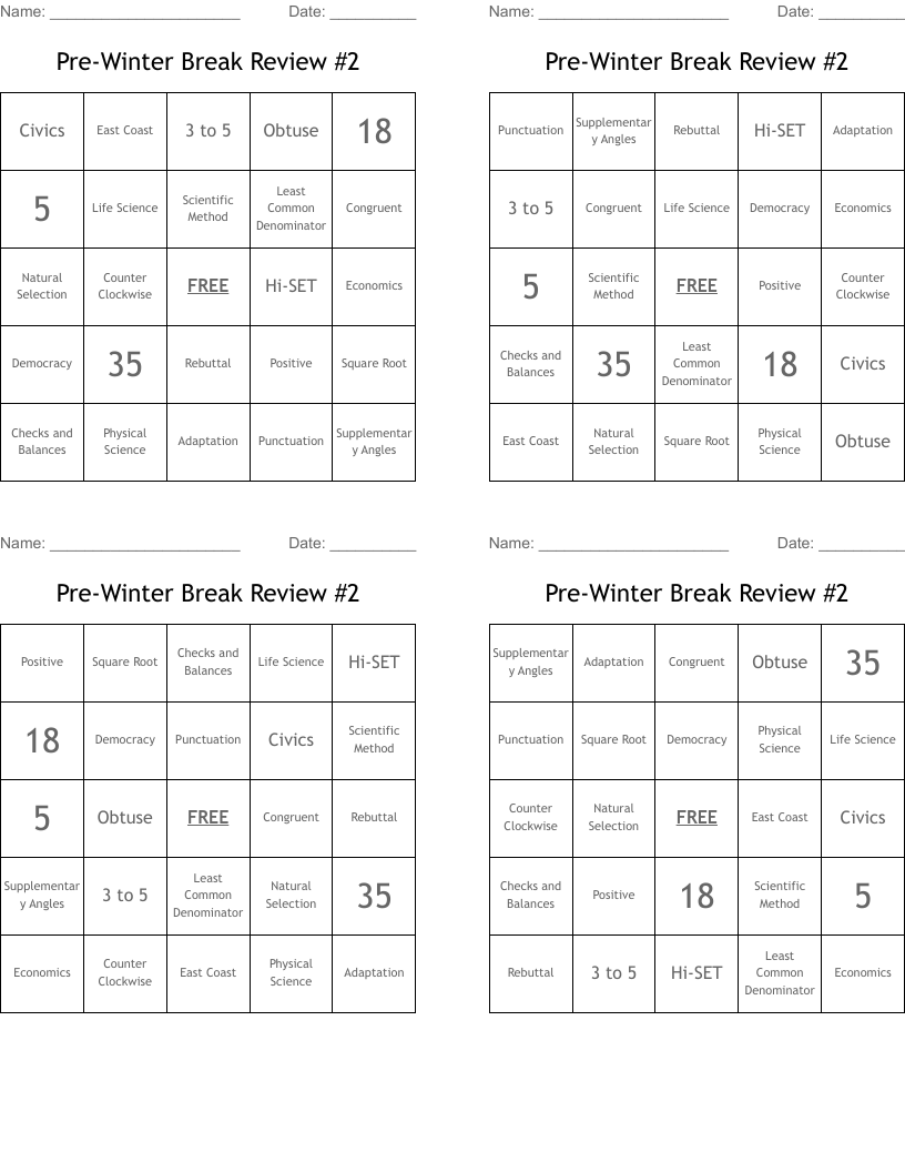 Pre-Winter Break Review #2 Bingo Cards - WordMint