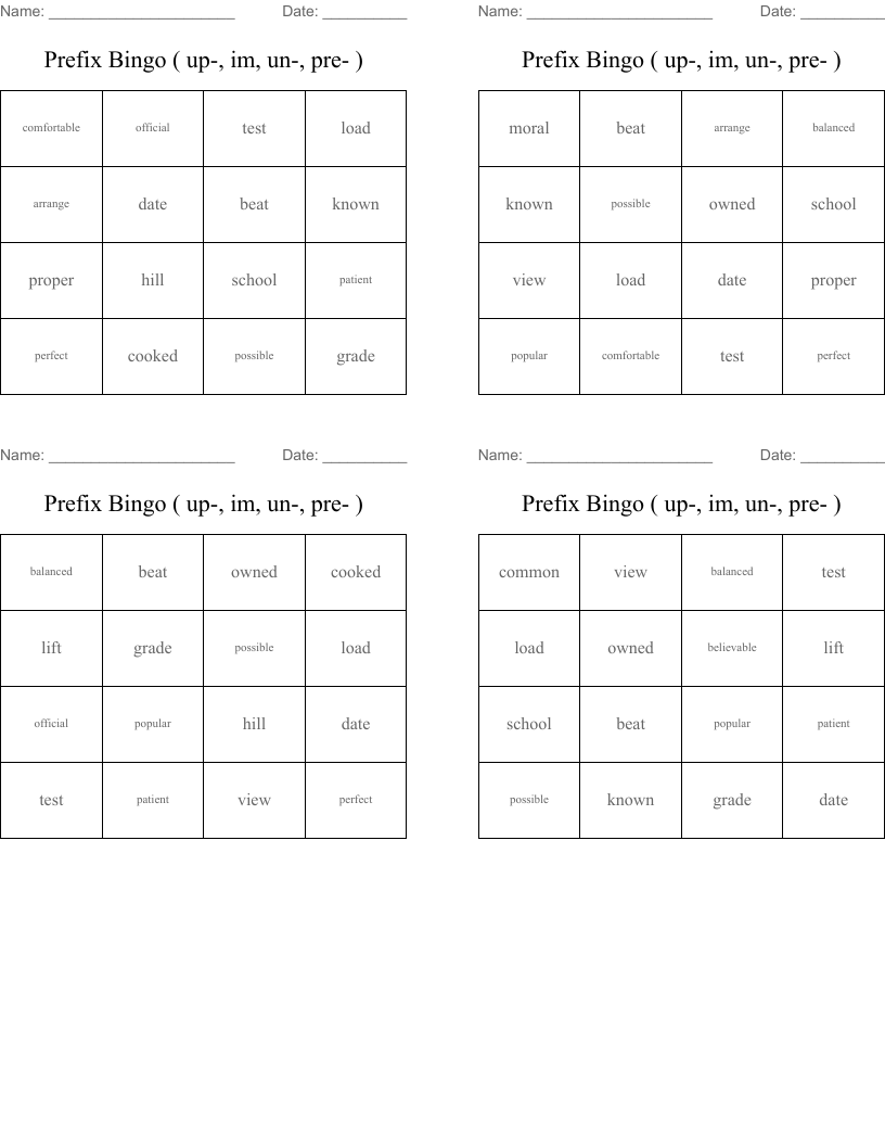 Prefix Bingo ( up-, im, un-, pre- ) - WordMint