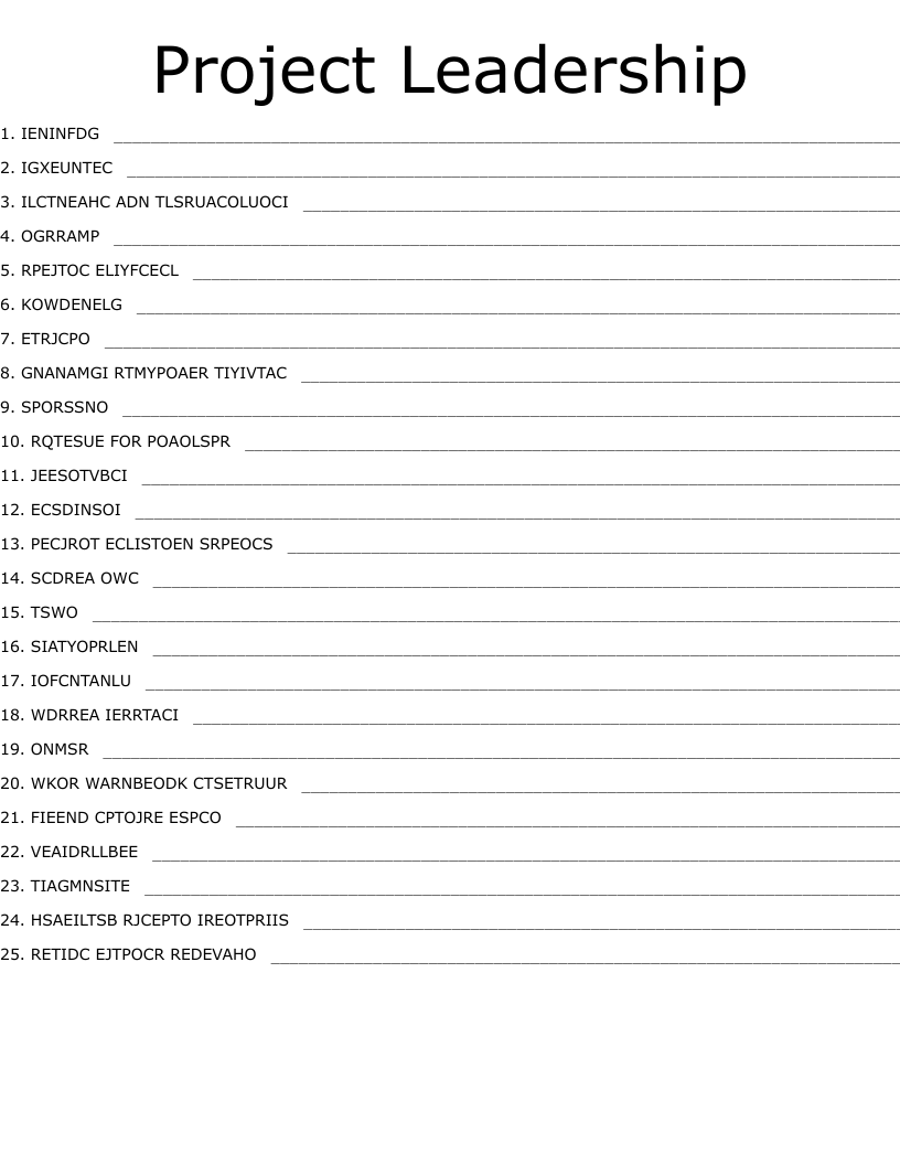 Project Leadership Word Scramble - WordMint