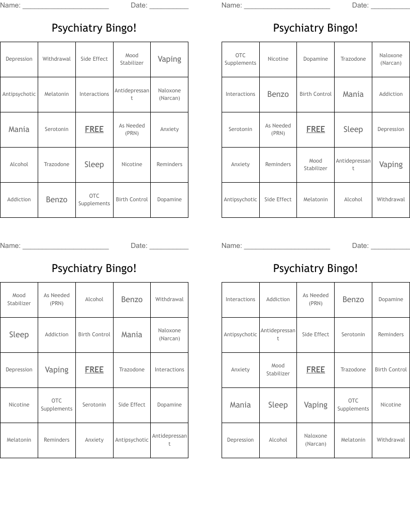 Psychiatry Bingo! - WordMint