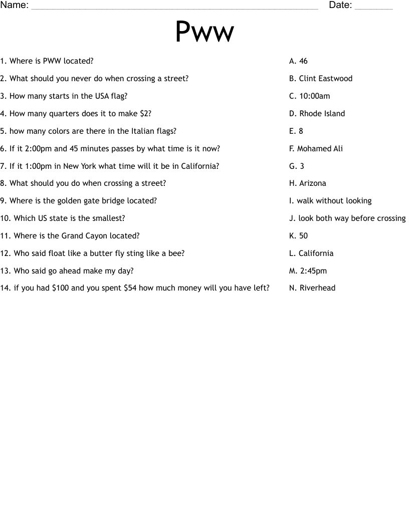 Pww Worksheet - WordMint