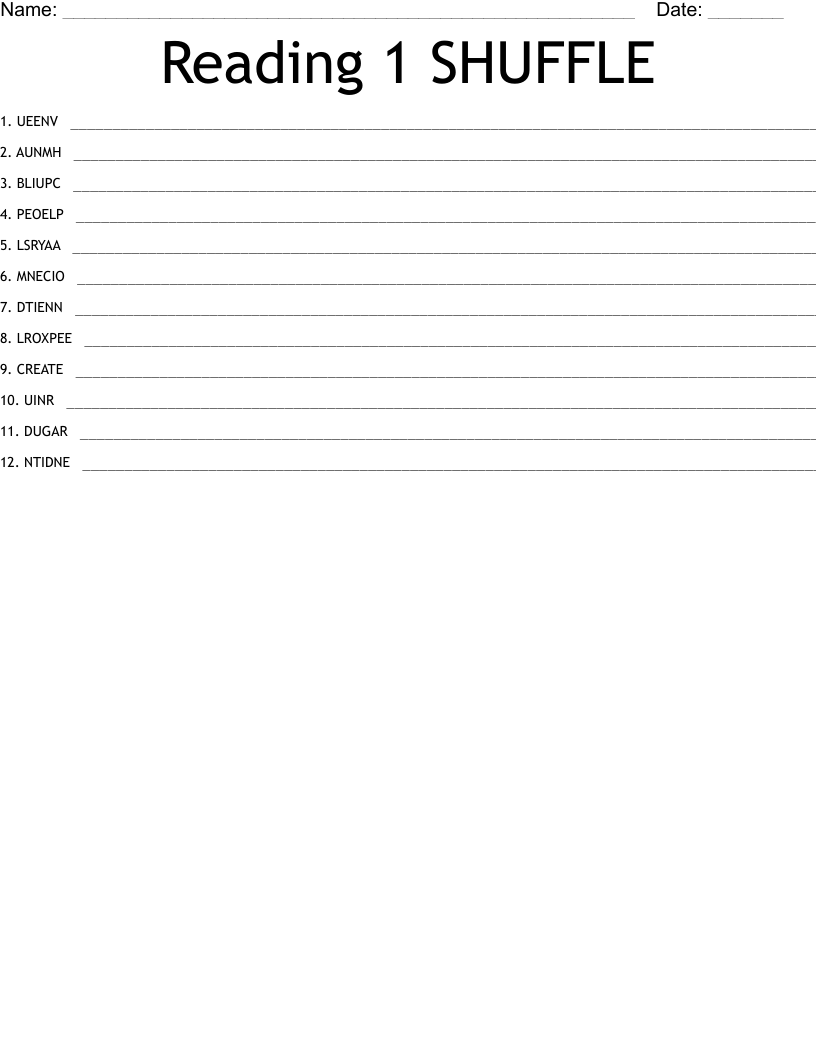Reading 1 SHUFFLE Word Scramble - WordMint