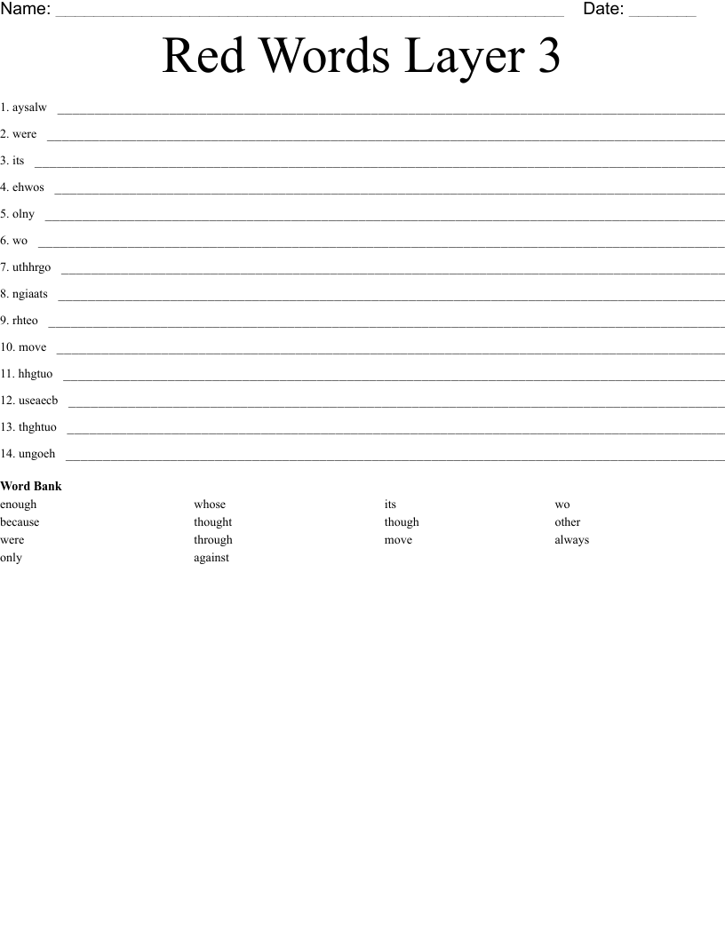 Red Words Layer 3 Word Scramble - WordMint