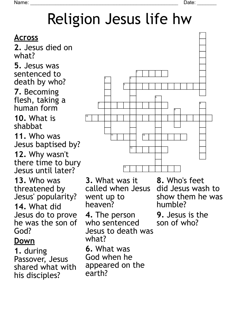 Religion Jesus life hw Crossword - WordMint