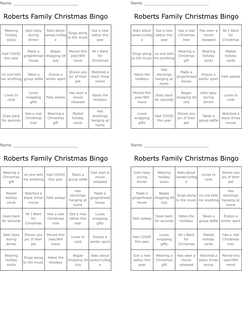 Roberts Family Christmas Bingo - WordMint