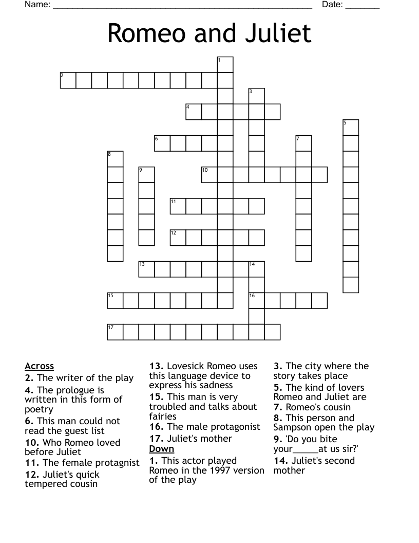 Romeo and Juliet Crossword - WordMint