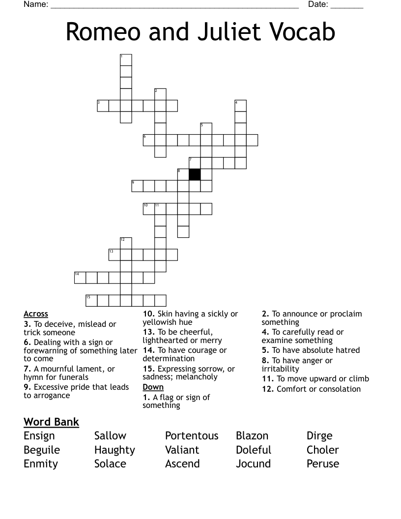 Romeo and Juliet Vocab Crossword - WordMint