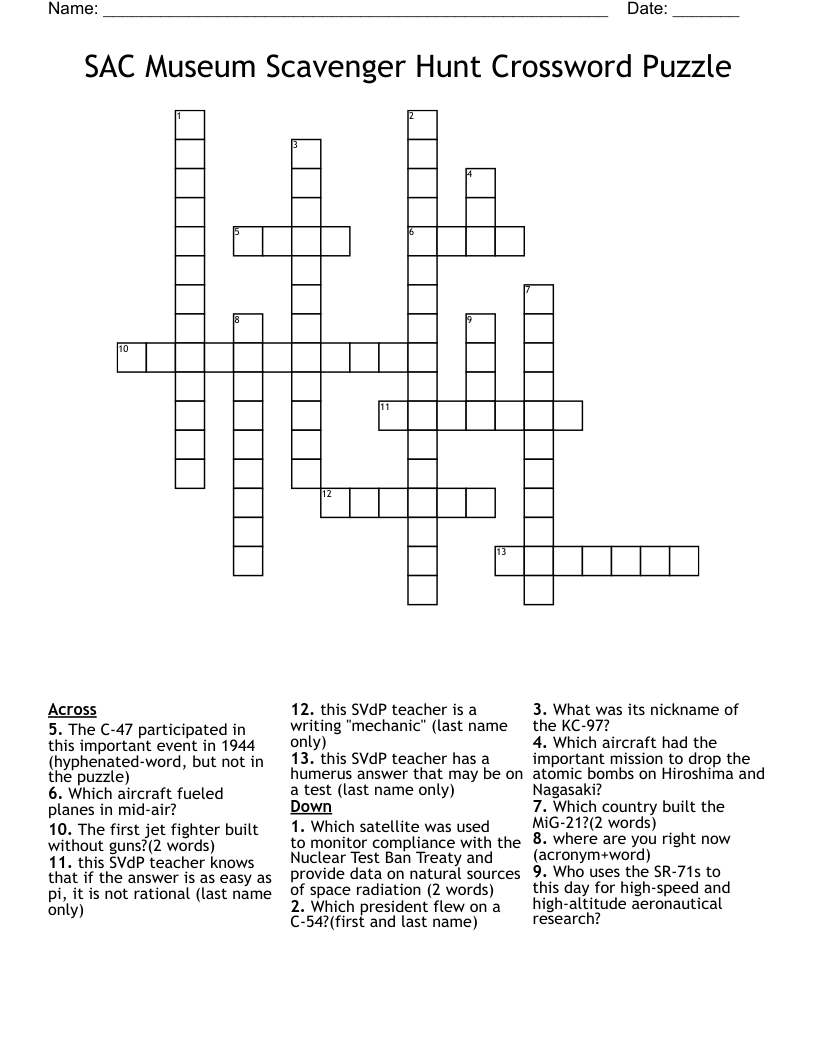 SAC Museum Scavenger Hunt Crossword Puzzle - WordMint
