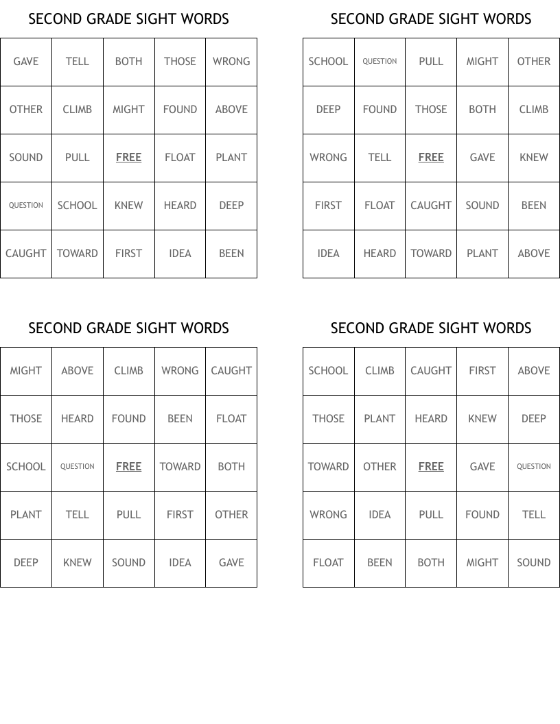 SECOND GRADE SIGHT WORDS Bingo Cards - WordMint