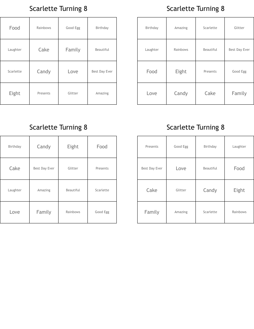 Scarlette Turning 8 Bingo Cards - WordMint