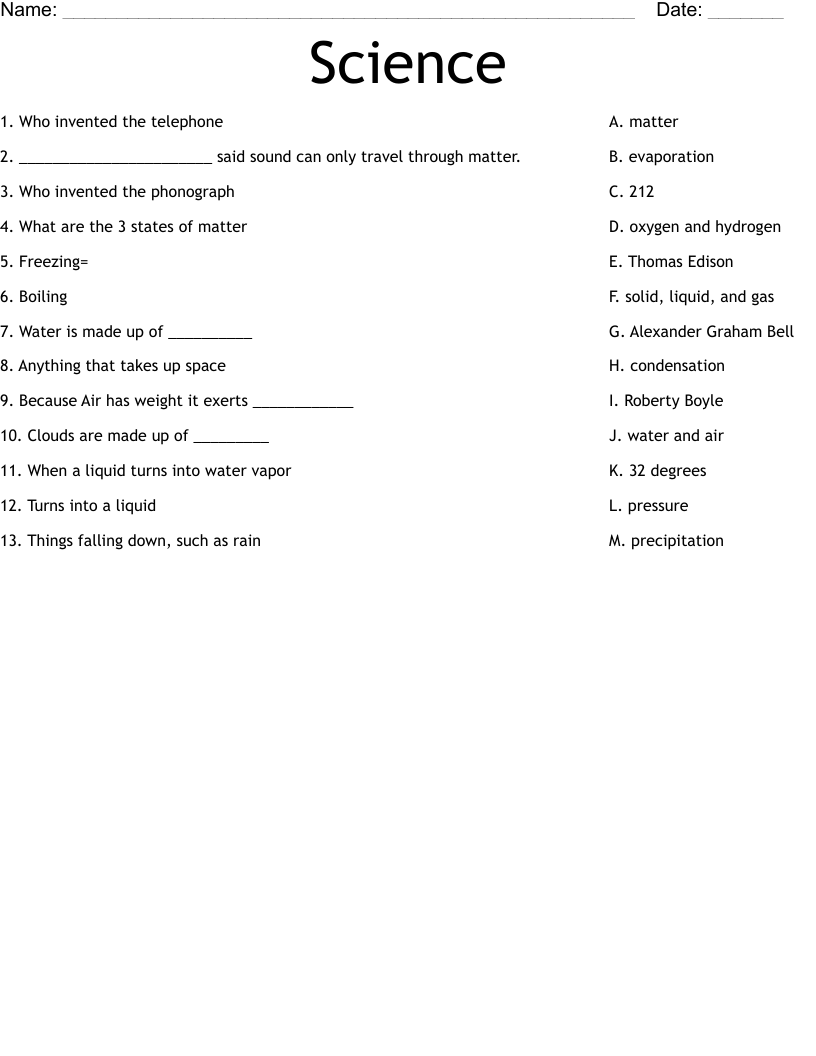 Science Worksheet WordMint