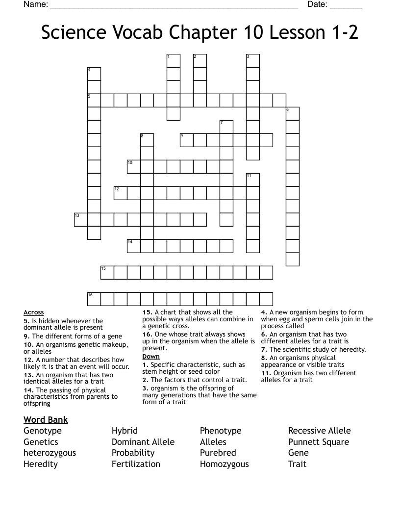 Science Vocab Chapter 10 Lesson 1-2 Crossword - WordMint