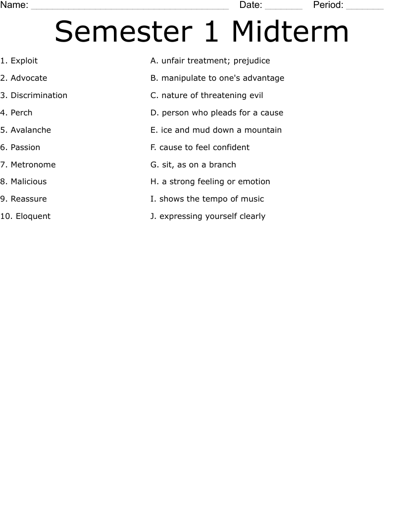 Semester 1 Midterm Worksheet - WordMint