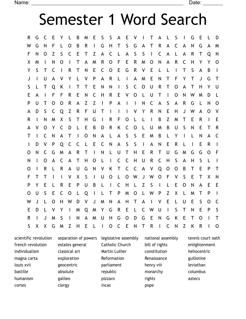 Semester 1 Word Search - WordMint