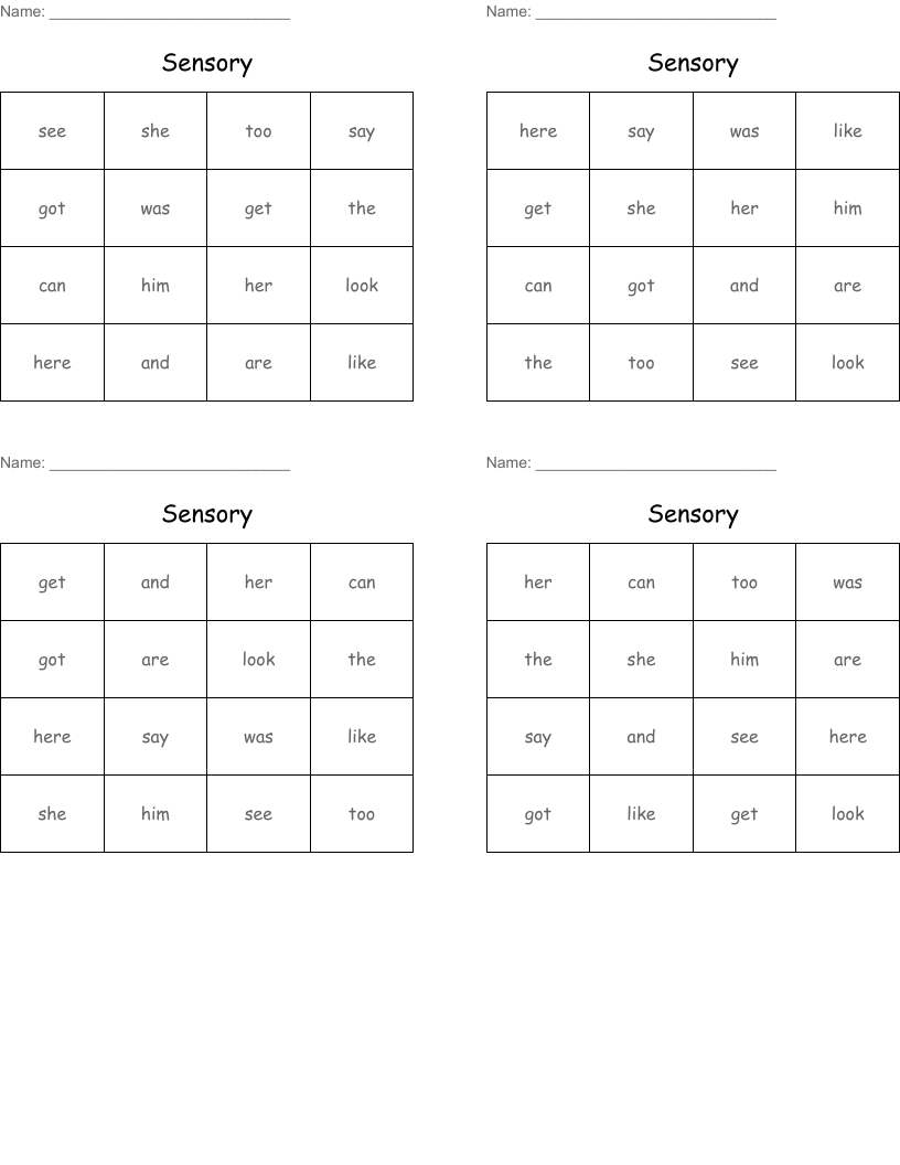 Sensory Bingo Cards - WordMint