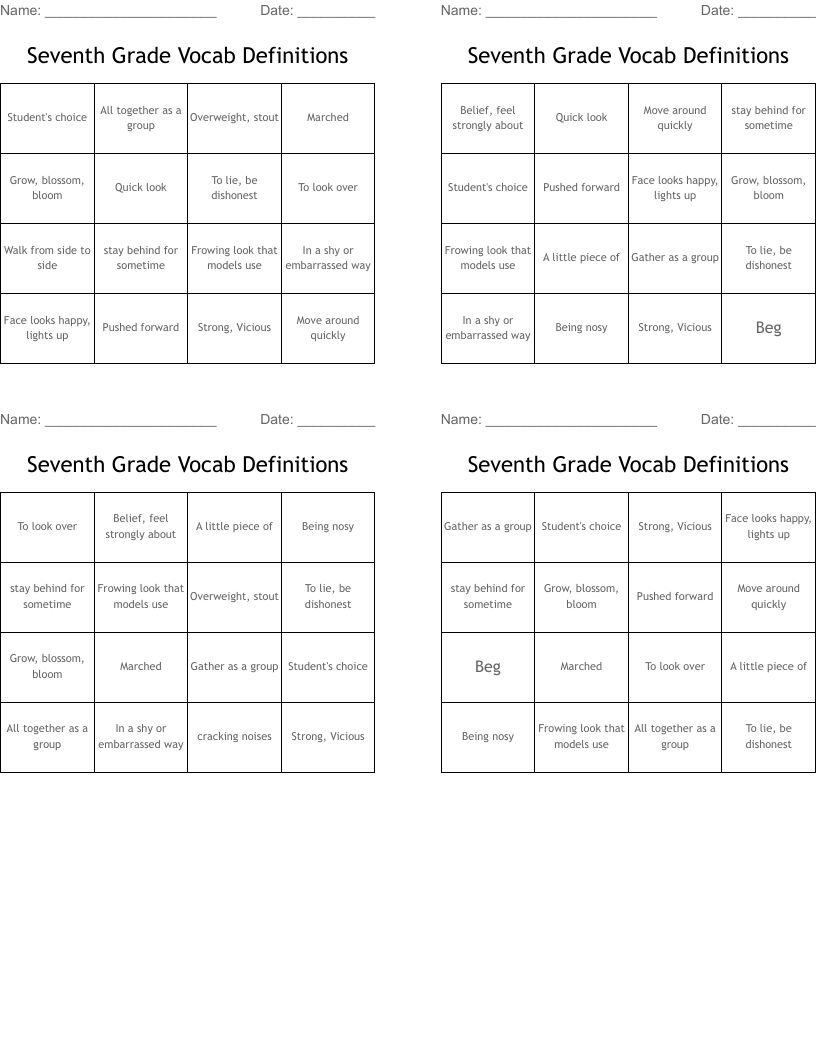 Seventh Grade Vocab Definitions Bingo Cards - WordMint