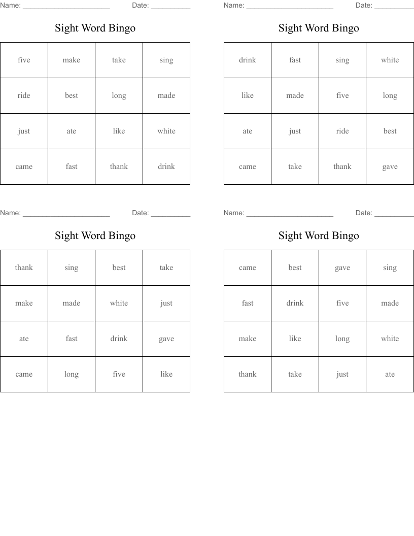 Sight Word Bingo - WordMint