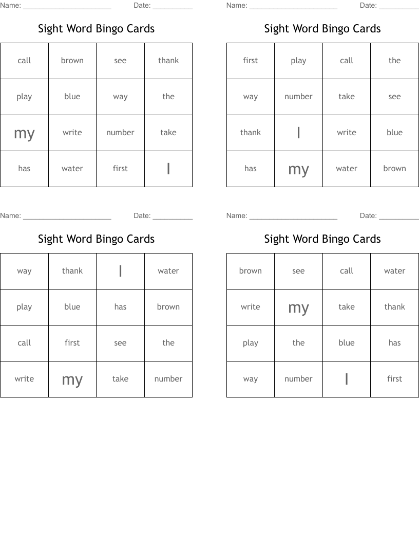 Sight Word Bingo Cards - WordMint