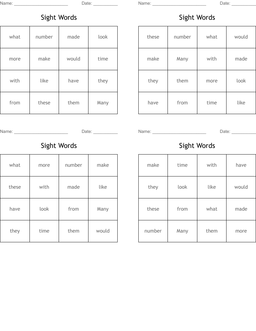 Sight Words Bingo Cards - WordMint