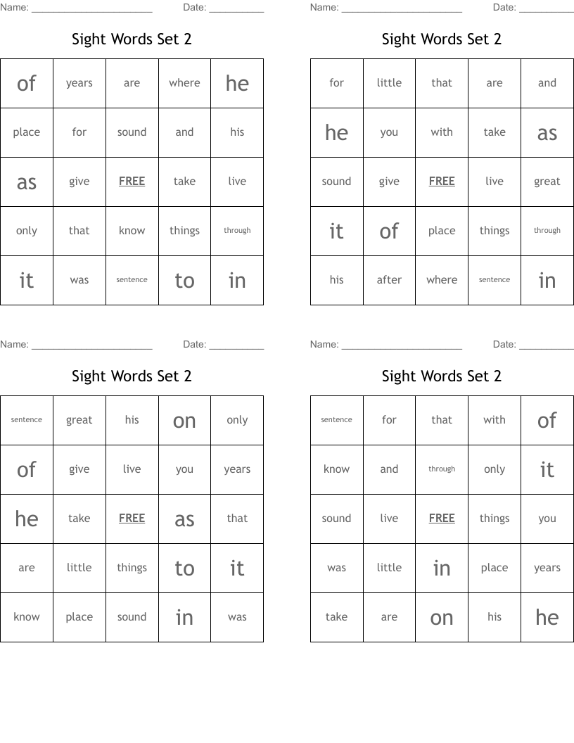 Sight Words Set 2 Bingo Cards - WordMint
