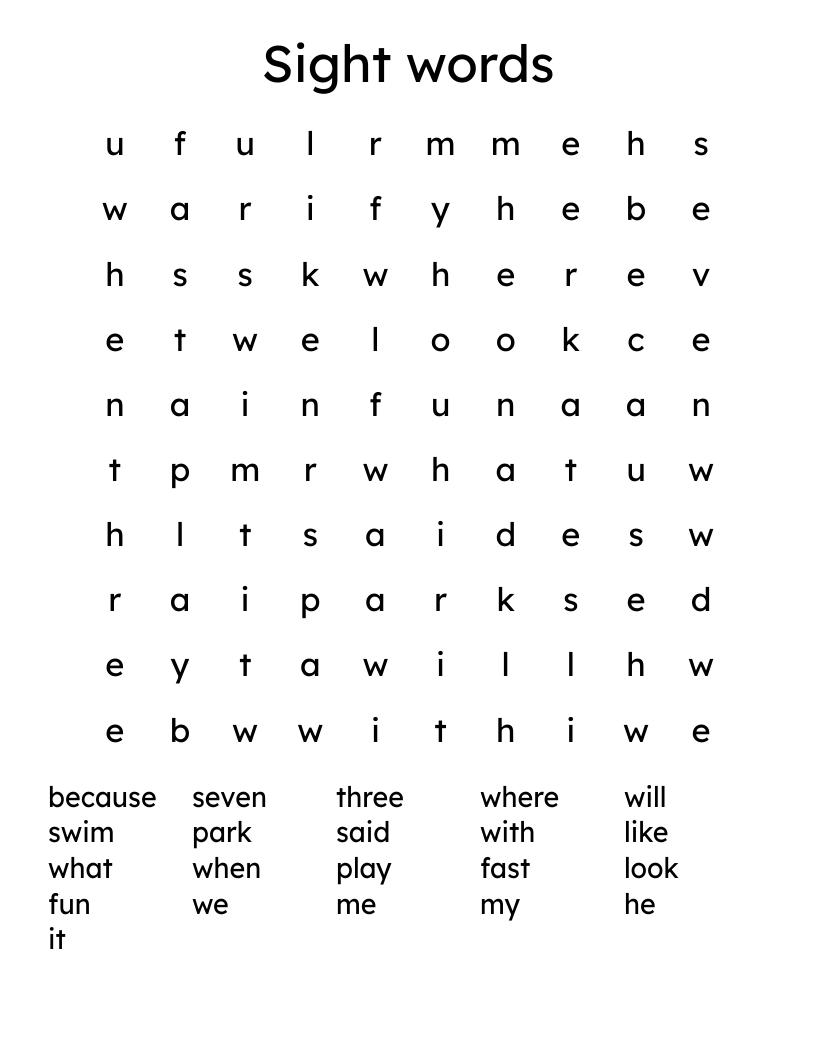 Sight words Word Search - WordMint