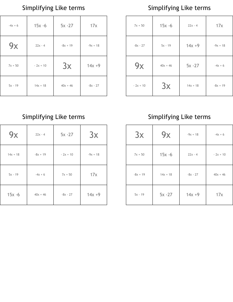 Simplifying Like terms Bingo Cards - WordMint