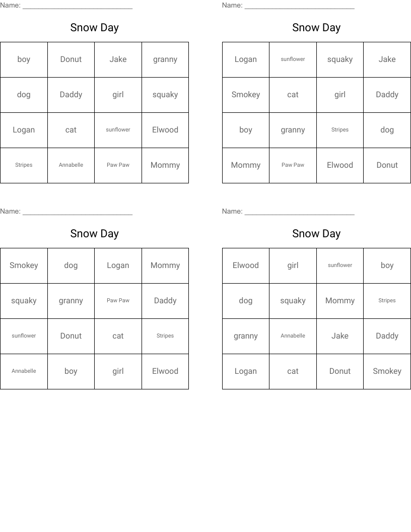 Snow Day Bingo Cards - WordMint
