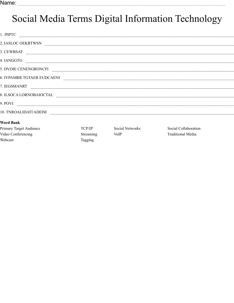 Social Media Terms Digital Information Technology Word Scramble - WordMint