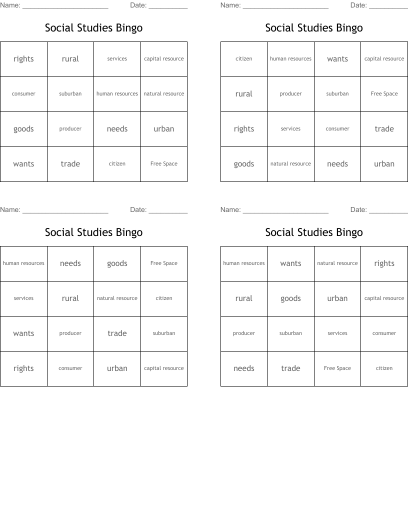 Social Studies Bingo - WordMint